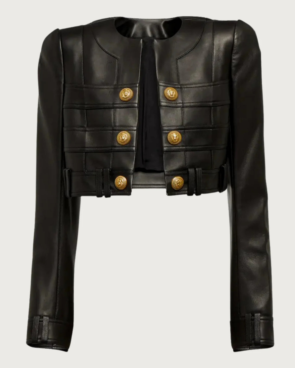 Black Leather Cropped Gold Button Jacket – Haute In Couture