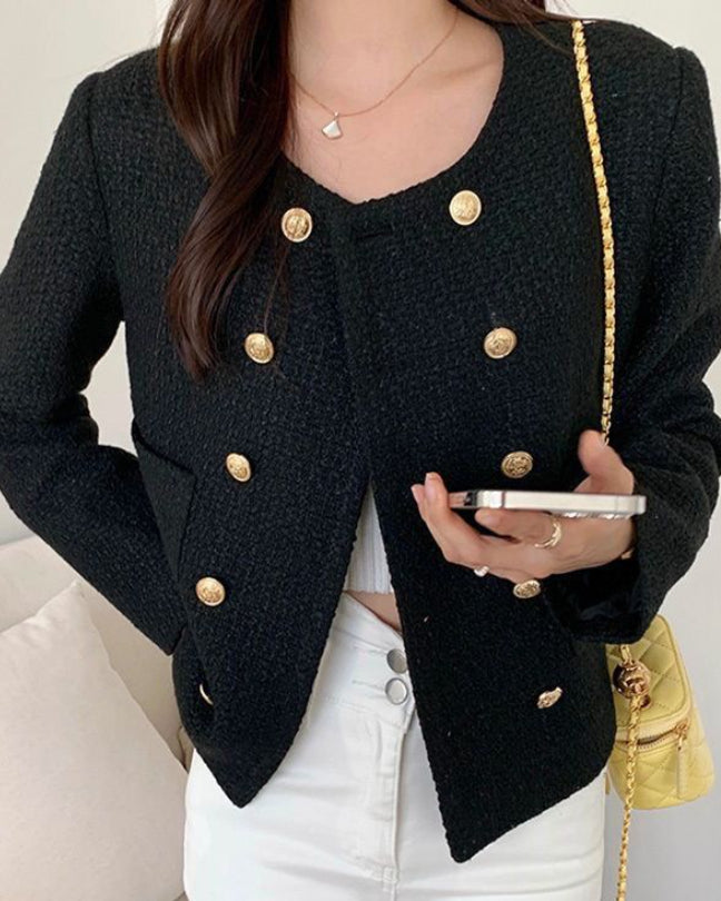 Black Tweed Gold Button Wool Jacket – Haute In Couture