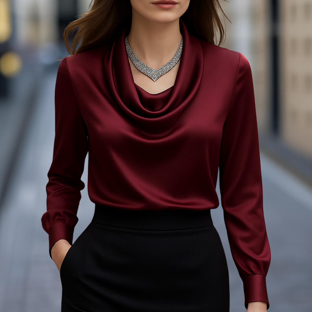 Athena Elegant Silky Satin Draped Neck Women's Blouse – Haute In Couture