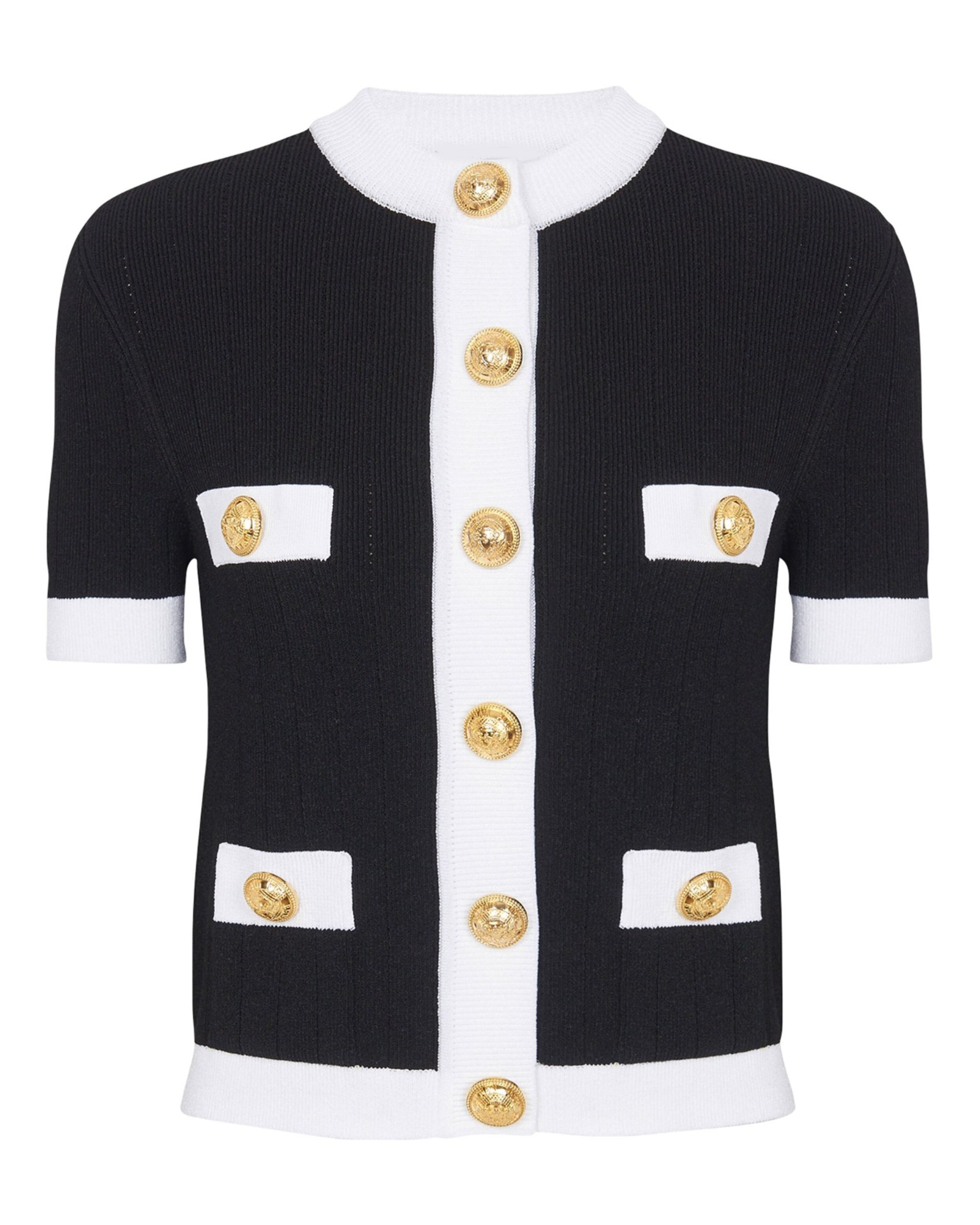 Black & White Short Sleeve Ribbed Gold Button Cardigan – Haute In Couture